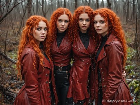 Fieryhaired Steampunk Girls Embrace In Rainy Swamp Ai Image Generator