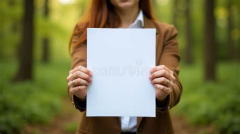 Woman Holds Vertically White Sheet Of A4 Paper Under Text While In The