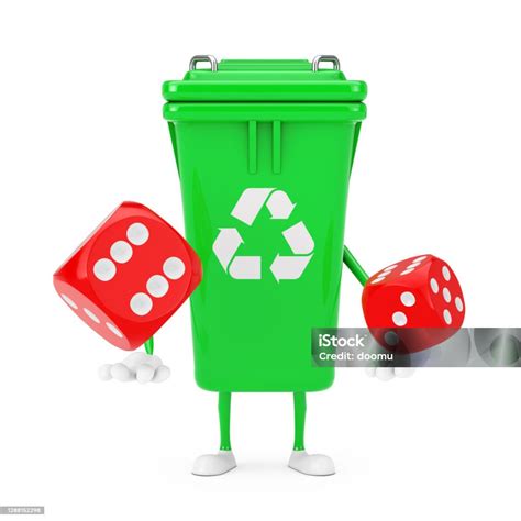 비행에 레드 게임 주사위 큐브와 재활용 기호 녹색 쓰레기 쓰레기 쓰레기통 캐릭터 마스코트 3d 렌더링 가능성에 대한 스톡 사진 및 기타 이미지 Istock