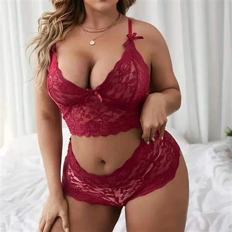 Plus Size Lingeries Set For Women Sexy Lace Halter Bralette High Waist Panty Set Chemise Sexy