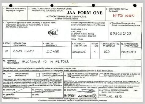 Concorde Four Jaa Form One Authorised Release Certificates Numbered