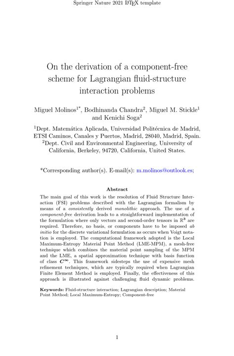 PDF On The Derivation Of A Component Free Scheme For Lagrangian Fluid Structure Interaction