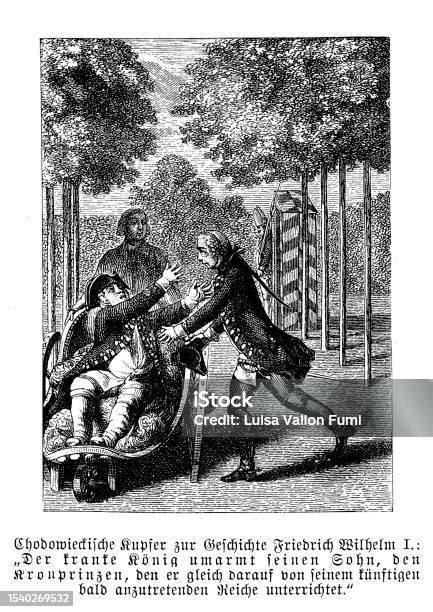 늙고 병든 프리드리히 윌리엄 1세 폰 프로이센은 그의 아들 왕세자 프리드리히를 껴안습니다 18세기에 대한 스톡 벡터 아트 및 기타 이미지 18세기 Frederick