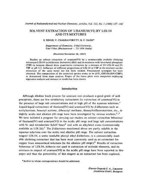 Solvent Extraction Of Uranium Vi By Lix 54 And Its Mixtures Singh1988 Article