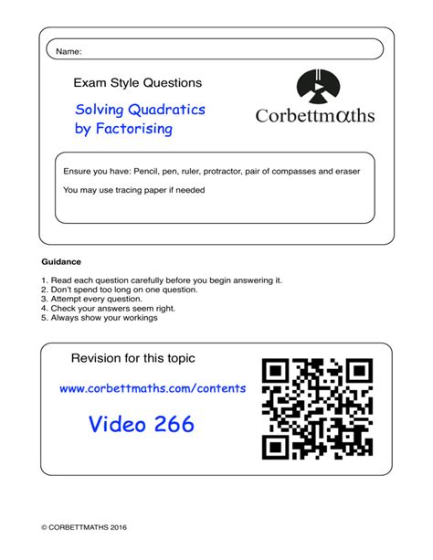 Solving Quadratics By Factorising Exam Questions
