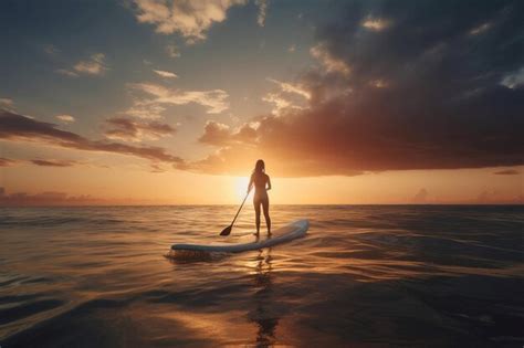 Premium Ai Image Woman Floating On Sup Board Boat In Evening Orange
