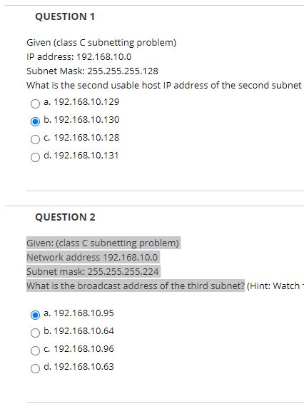 solved question 1 given class c subnetting problem ip
