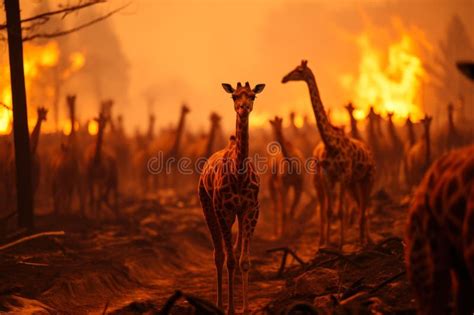 Giraffe Animal Fleeing Fire Forest Fires Generative Ai Stock