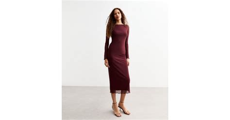 Burgundy Mesh Flared Sleeve Midi Dress New Look