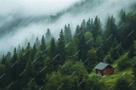 Premium Photo A Cabin Nestled In The Dense Fog Of A Forest Creating