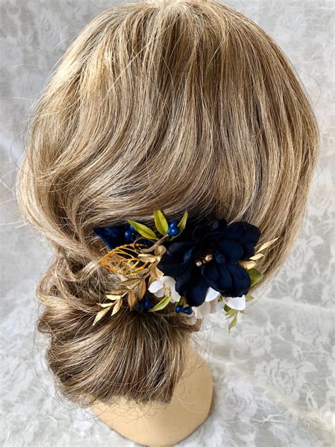 Navy Hair Clipgold And Navywhite Flowernavy Bridal Hair Etsy