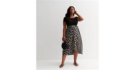 Curves Black Floral Wrap Midi Skirt New Look