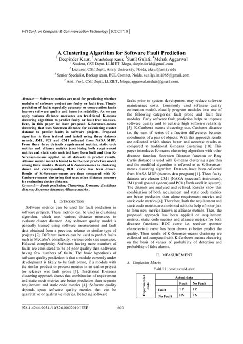 pdf a clustering algorithm for software fault prediction