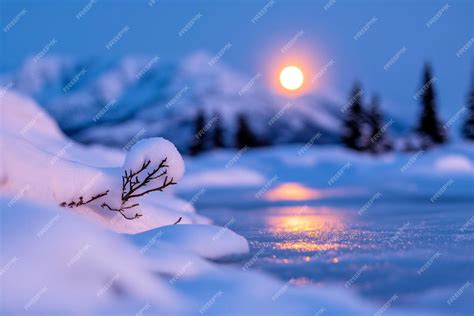 A Snowcovered Landscape At Dusk With A Bright Full Moon Illuminating A