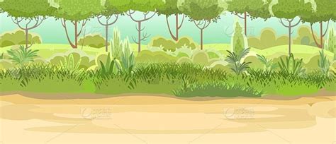 森林边缘的路。草本的绿色灌丛和灌木。风景优美。平的风格。卡通设计。向量