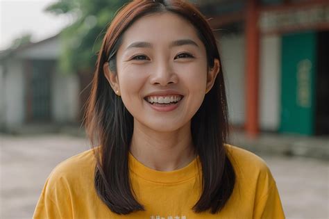 Premium Photo Asian Woman Wearing Yellow Tshirt Smiling