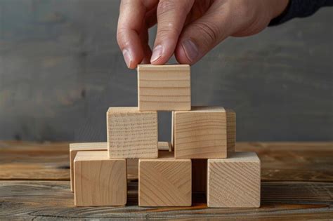 Premium Photo Hand Stacking Blank Wooden Cubes On Table For Input Wording