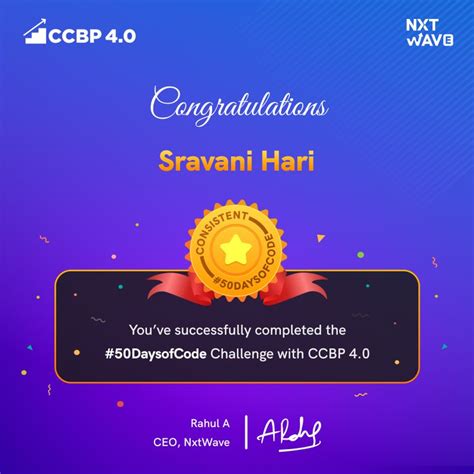 Sravani Hari On Linkedin 50daysofcodechallenge Nxtwave Connections Share Ccbp Consistency