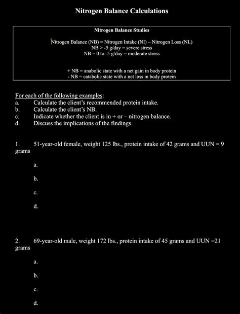 Solved Nitrogen Balance Calculation