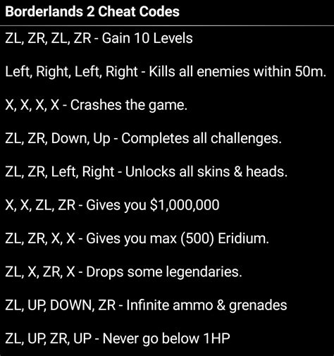 Updated Cheat Code List Save The Image R Borderlandsswitch