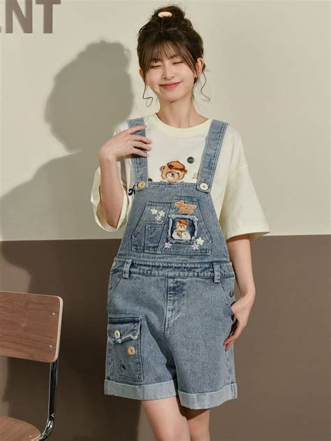 [ 53 51]teddy And Floral Embroidery Blue Denim Overall Shorts Denim