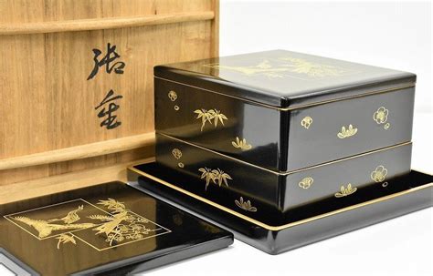 Yahoo オークション 竜e78 輪島塗 松竹梅鶴沈金 二段重 重箱 重台付