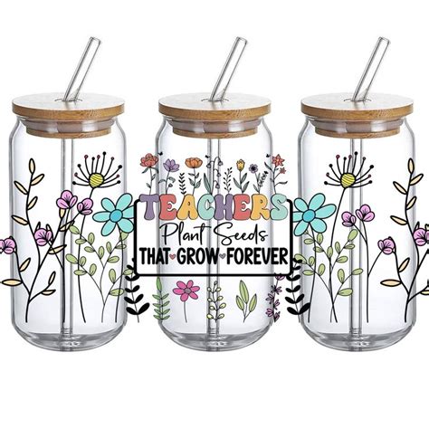 Uv Dtf Glass Cup Wrap Transfer Decal 3pcs Teachers Plant Seeds That