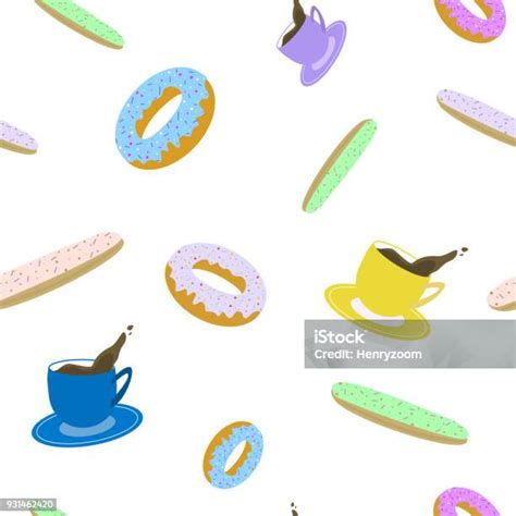 한잔의 커피에 클 레어과 자를 도넛 벡터 일러스트 레이 션의 완벽 한 패턴 갈색에 대한 스톡 벡터 아트 및 기타 이미지 갈색 검은색 귀여운 Istock