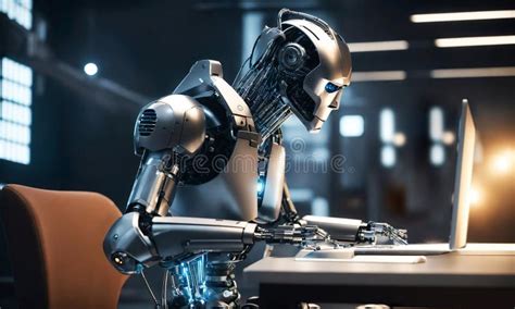 Humanoid Robot Working with Laptop, Conceptual Illustration. Cyborg ...