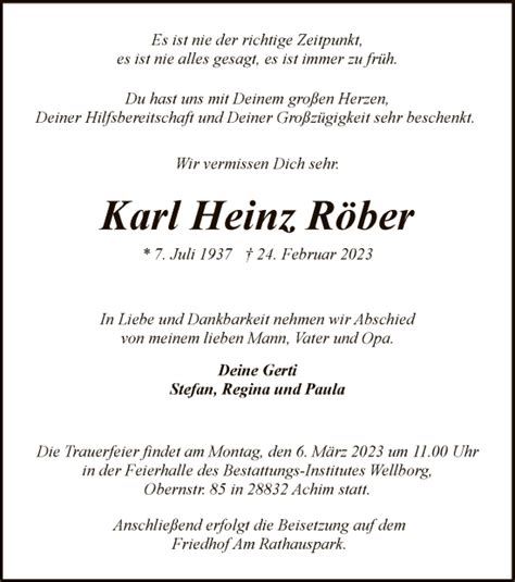 Traueranzeigen Von Karl Heinz Röber Trauer Kreiszeitung De