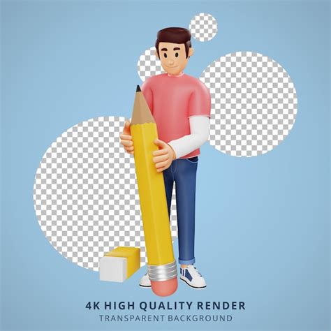 Jeune Homme Tenant Une Illustration De Caractère 3d Crayon Géant Psd