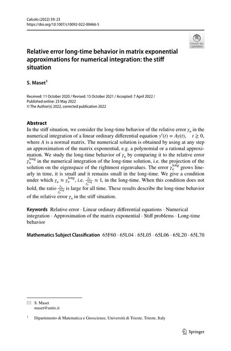 Pdf Relative Error Long Time Behavior In Matrix Exponential