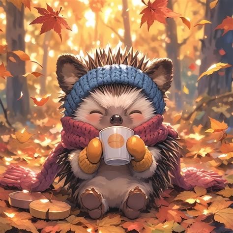 Cute Hedgehog Sipping Tea In Knit Attire Premium Ai Generated Image