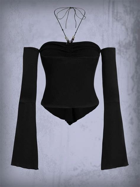 Goth Solid Ruched Halter Neck Flounce Sleeve Top Shein Usa Flounce Sleeve Style Flounce