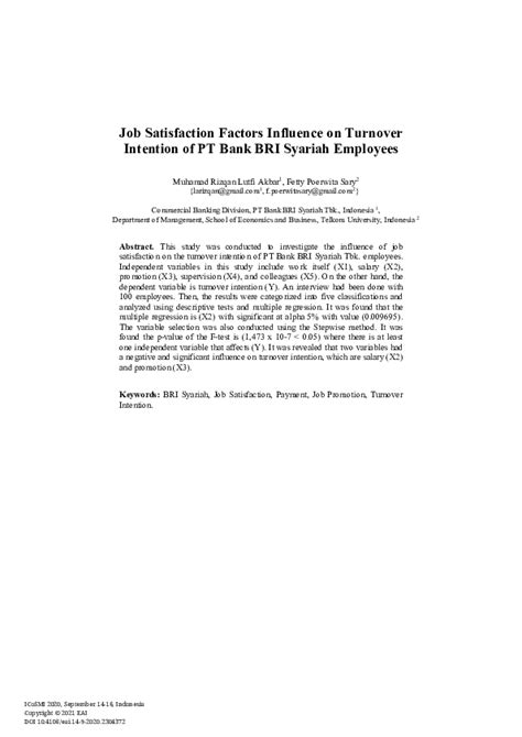 Pdf Job Satisfaction Factors Influence On Turnover Intention Of Pt Bank Bri Syariah Employees