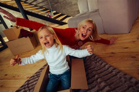 Cheerful Blonde Girl Laughing While Being Tickled Stock Image Image