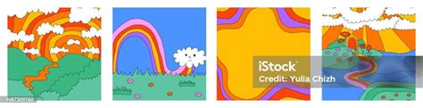 소셜 미디어에 대 한 사각형 템플릿입니다 편집 가능한 레이어드 사진 프레임1970 사이키델릭하고 그루비한 히피족 무지개 하늘