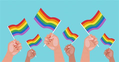 Lgbt 무지개 깃발을 들고 있는 남성과 여성의 손 게이 프라이드 퍼레이드 개념 벡터 스톡 그림입니다 사진