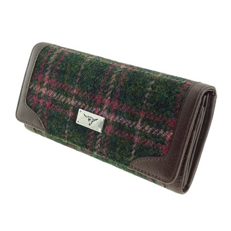 Harris Tweed Long Purse In Dark Green And Plum Check Tweed Purse Plaid