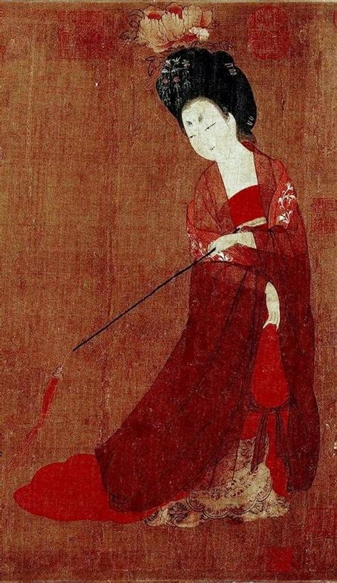 簪花仕女圖 周昉，字仲朗，京兆（陝西西安）人，生於開元（713 741）。身仕宦之家，自幼不尚武功，性好屬文，酷愛繪畫。初年學張萱，擅畫