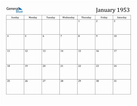 January 1953 Monthly Calendar