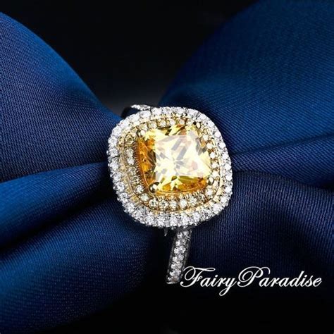2 Ct Yellow Cushion Cut Two Tone Double Halo Engagement Rings Man