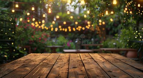 Wooden Tabletop With String Lights In Evening Garden Stock Image