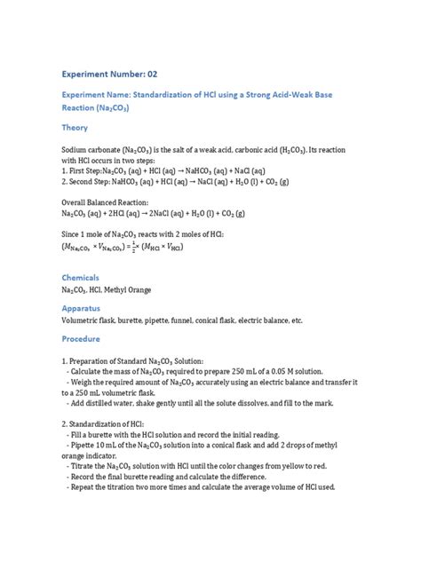 Experiment 02 Standardization Of Hcl Pdf Titration Chemistry