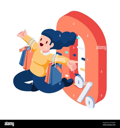 Flat 3d Isometric Woman Shopping With Zero Percent Interest Zero