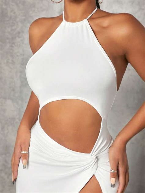 Shein Sxy Cut Out Twist Front Split Thigh Halter Neck Backless Dress