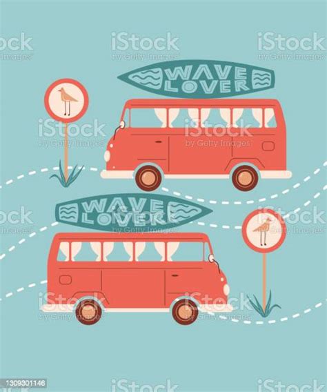 자동차 또는 버스 서핑 보드 새 또는 갈매기와 문자 웨이브 애호가와 벡터 여름 만화 그림 인쇄 포스터 및 카드 버스에 대한 스톡