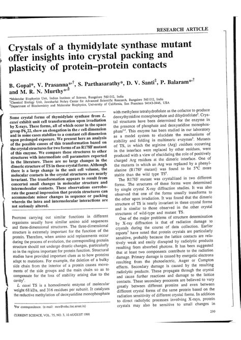Pdf Crystals Of A Thymidylate Synthase Mutant Offer Insights Into Crystal Packing And