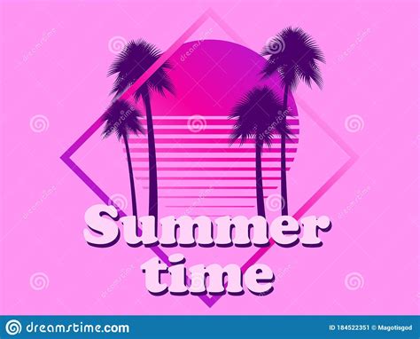 80 Jaar Retro Scifi Palm Bomen Op Een Zonsondergang Futuristische Zon