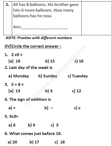 Cbse Class 1 Mathematics Sample Paper Set B Math Fact Worksheets